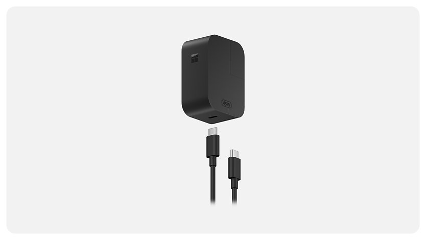 Side profile of a Surface 45W USB-C Wall Charger and a detached USB-C cable.