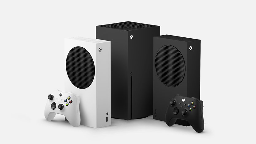 An Xbox Series X 2 TB Galaxy Black Special Edition, a White Xbox Series X 1 TB Digital Edition, and a White Xbox Series S.