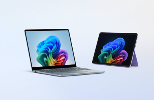 Surface Copilot+ PCs: an Ocean Surface Laptop, 13.8 inch, and a Violet Surface Pro, 12 inch.