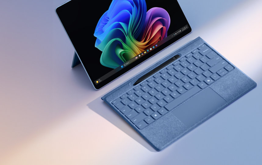 A close-up view shows a Surface Pro 13-inch Flex Keyboard working detached from a Surface device.