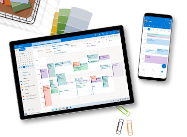 A tablet and a phone showing Outlook calendar on the screens.
