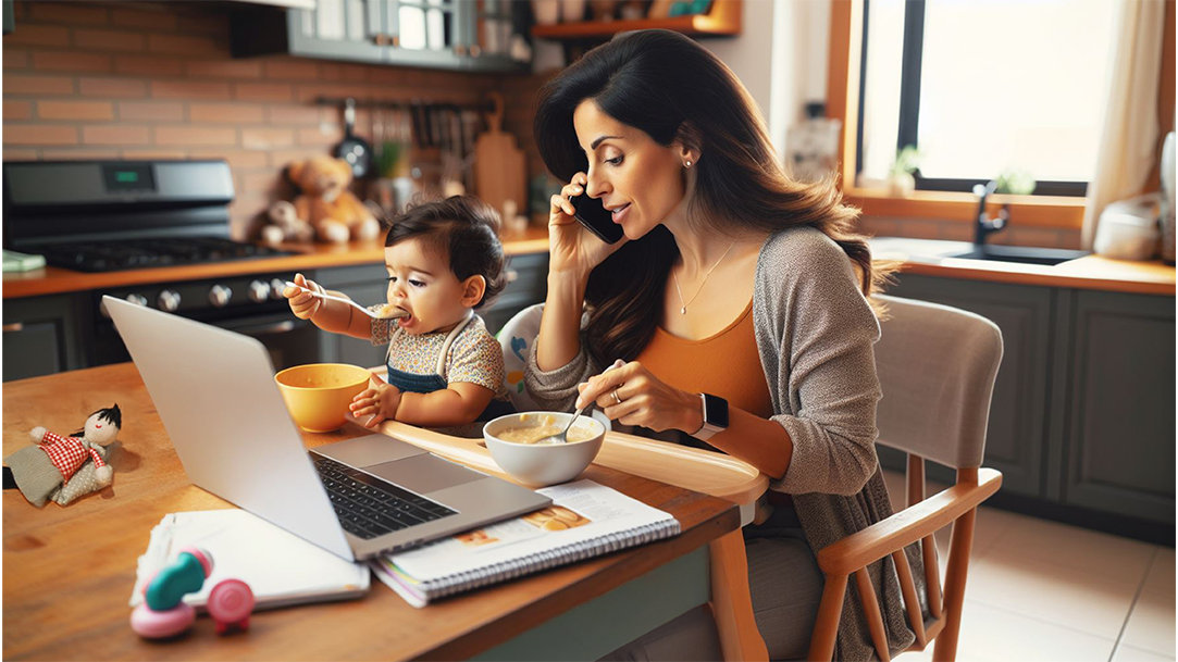 An image of a stay-at-home mom with the ability to multitask by talking on the phone while working at a laptop and feeding her child