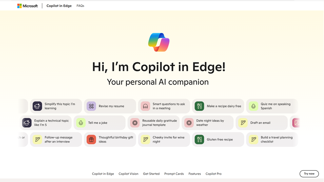 An interface showing Copilot in Edge with a variety of prompts