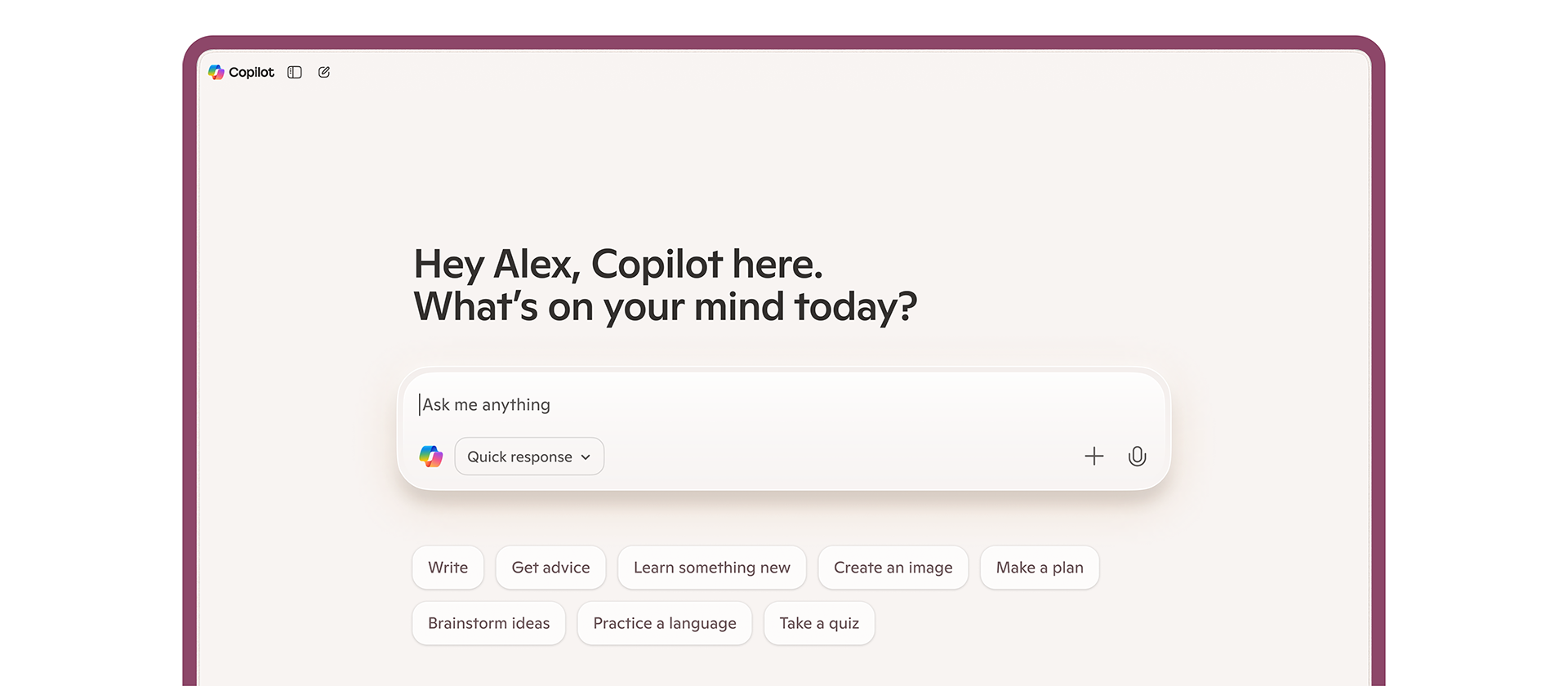 A desktop device screen with the Copilot app open on it on a pink ... A desktop device screen with the Copilot app open on it on a pink ...