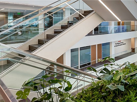 Interior de um escritório moderno com escada, grades de vidro e um jardim interno verde.